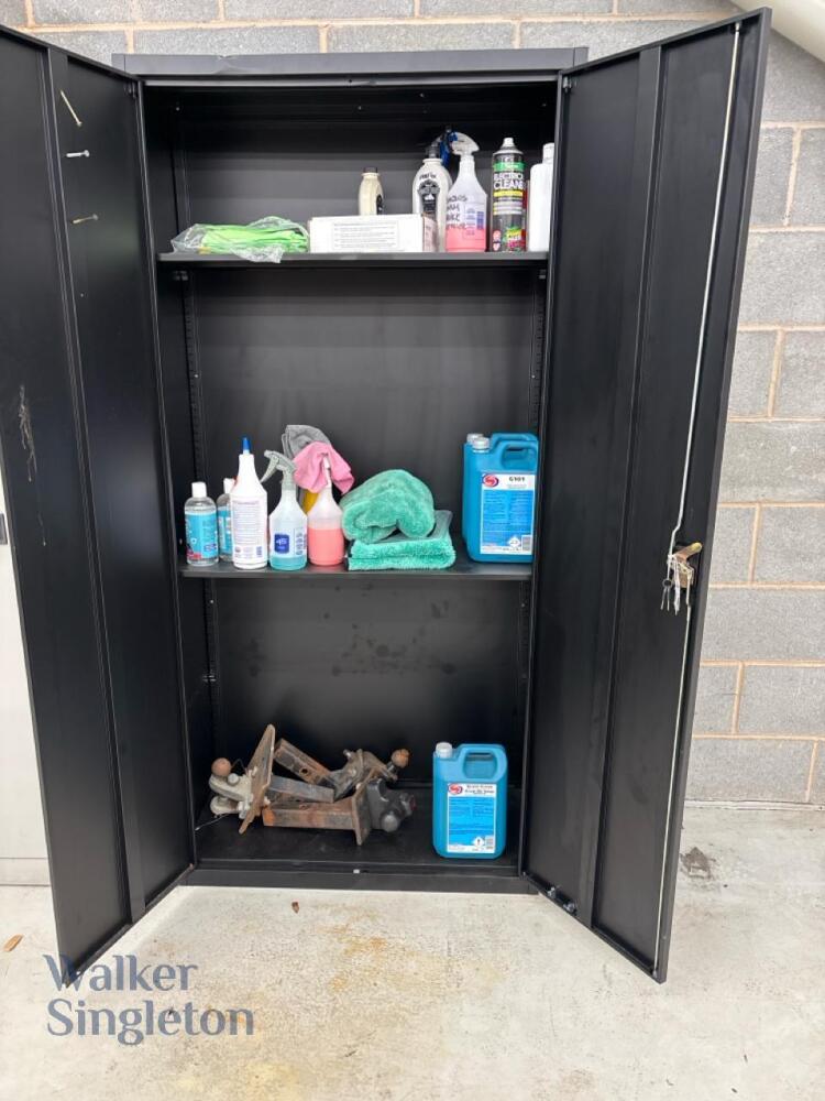 2 Door 3 Tier Black Metal Storage Cabinet and Contents; 190cm x 90cm x 40cm