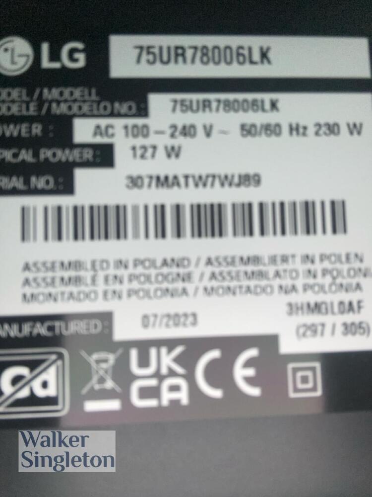 LG Model: 75UR78006LK Wall Mounted 75'' TV/Monitor