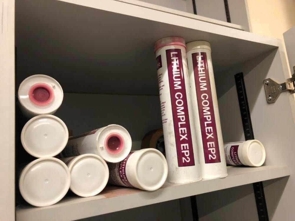 Contents of Cabinet to include 10 EP2 Grease Cartridges, Spray Paints ...